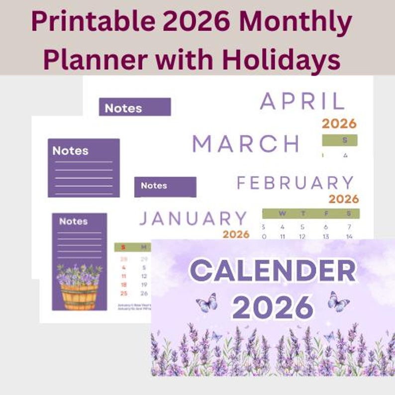 2026 Monthly Planner Printable PDF With Holidays, Month-at-a-glance ...