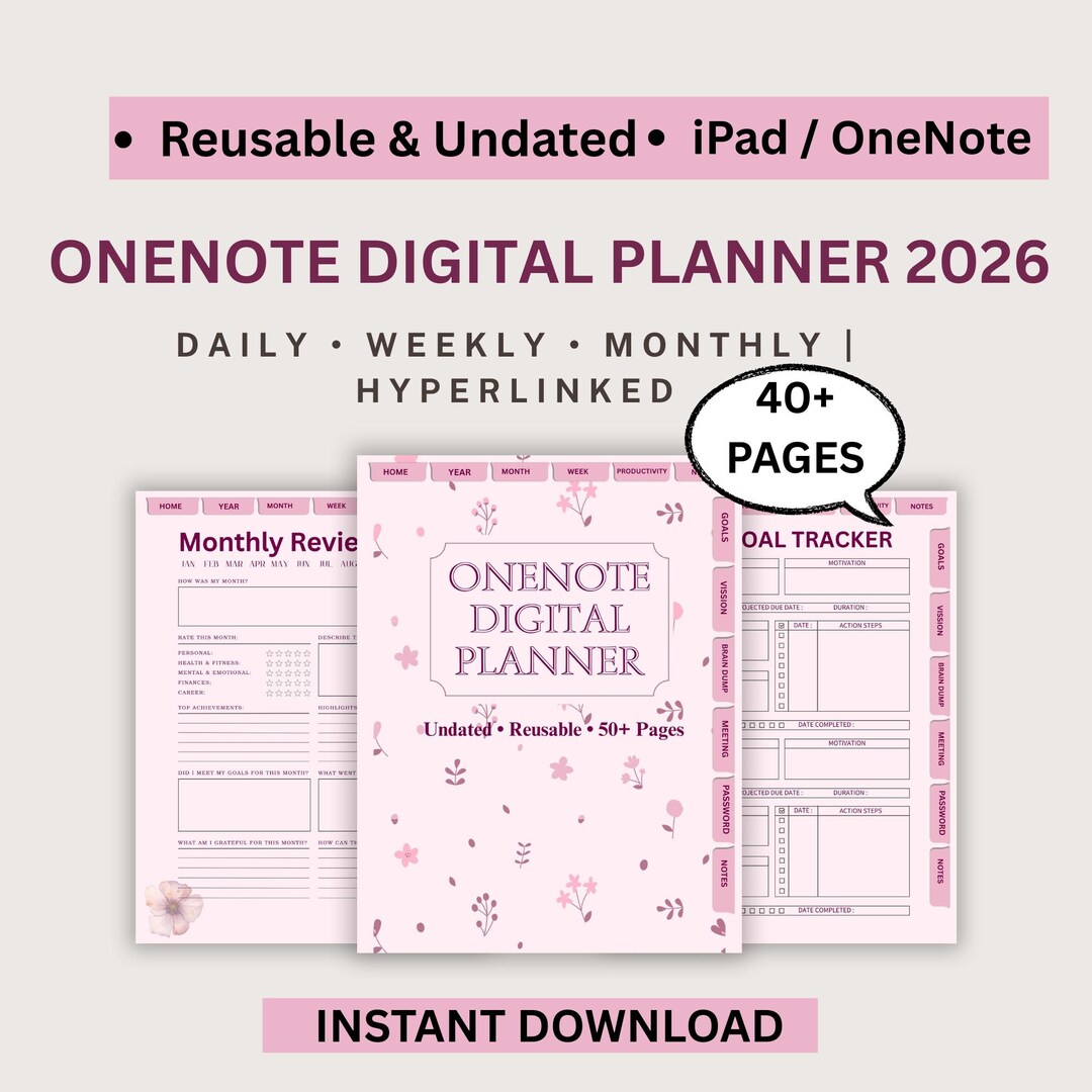 Onenote Digital Planner 2026–2027 Undated | All-in-one Weekly Monthly ...