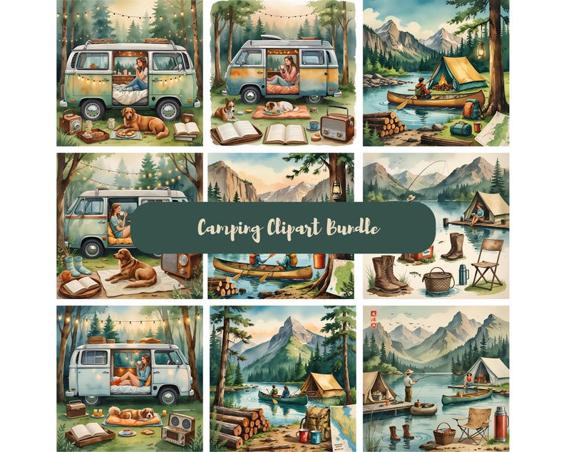 Vintage Camping Clipart Bundle | Watercolor Summer Camp People PNG ...