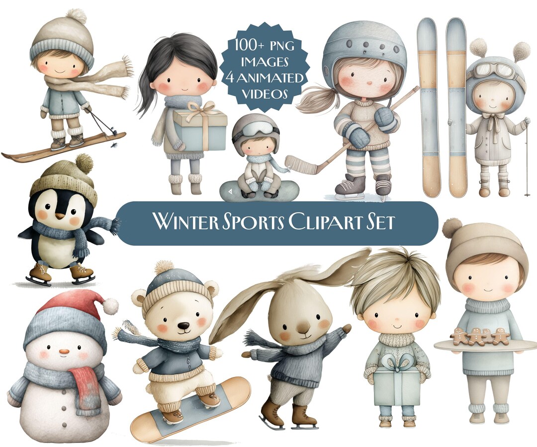 Winter Sports Clipart Set – Cute Kids & Baby Animals – Christmas Winter ...