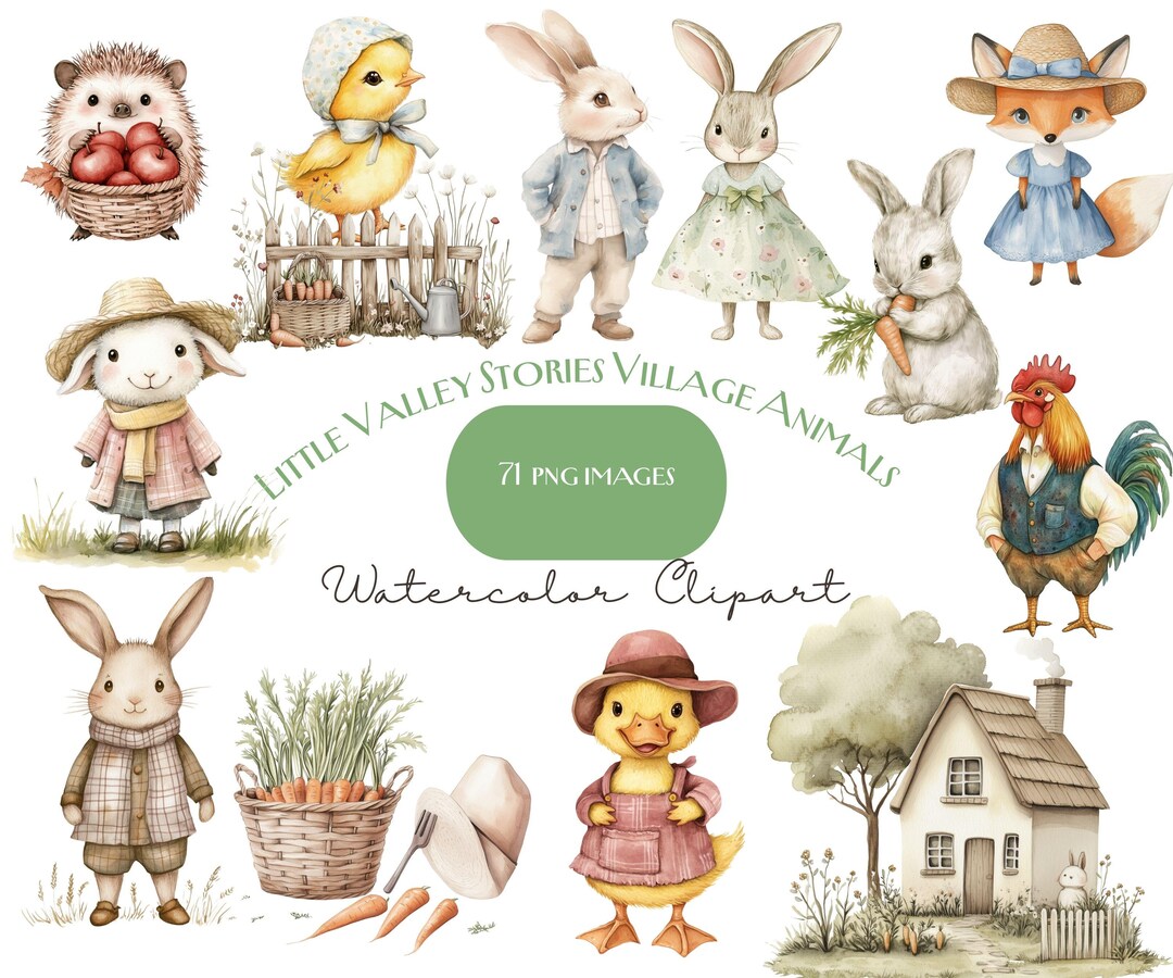 Little Valley Stories Village Animals Clipart | Watercolor Bunnies ...