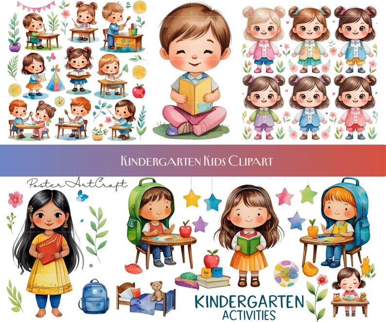 Kindergarten Kids Clipart – Watercolor Cartoon Set | 100+ PNG Elements ...