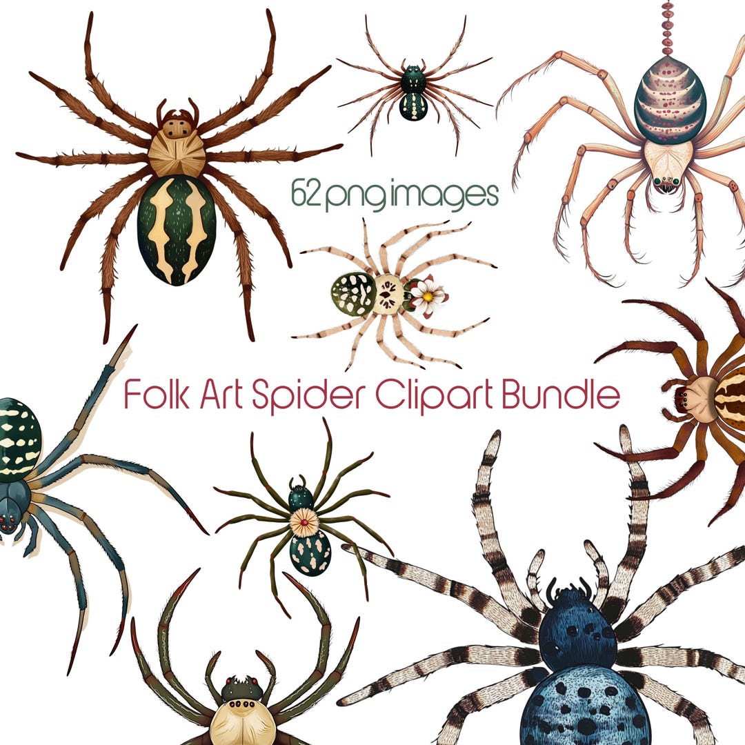 Folk Art Spiders Clipart Bundle | 60 Spider PNG | Colorful Insect ...