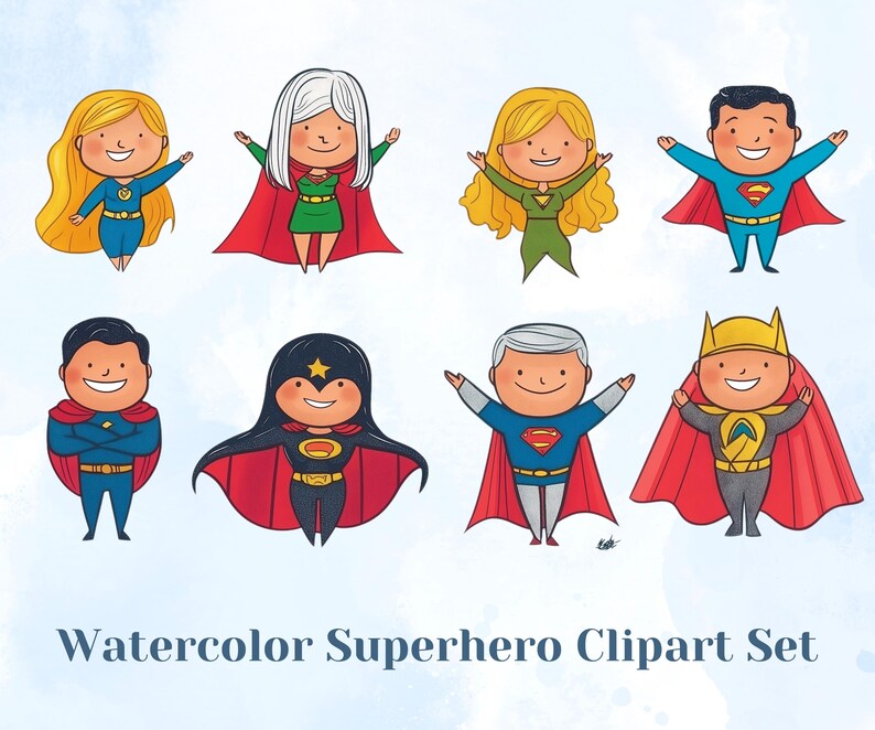 Cute Watercolor Superhero Clipart Set, Kids Party Heroes, Superhero PNG ...