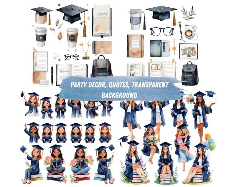 Graduation Mega Clipart Bundle | 50+ Watercolor Pngs | Class of 2025 ...
