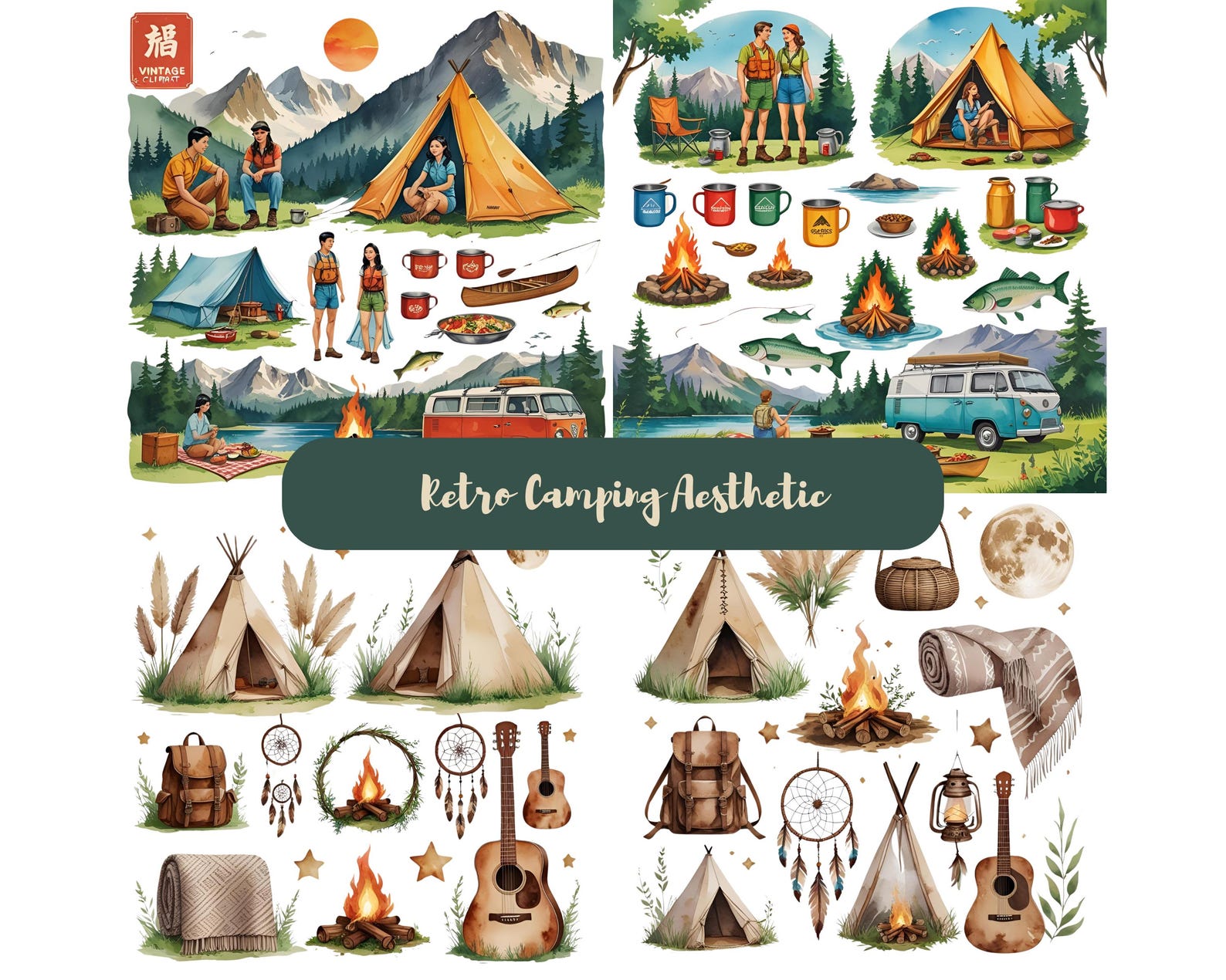 Vintage Camping Clipart Bundle | Watercolor Summer Camp People PNG ...
