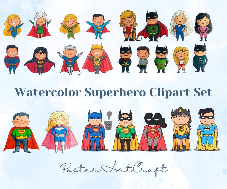 Cute Watercolor Superhero Clipart Set, Kids Party Heroes, Superhero PNG ...