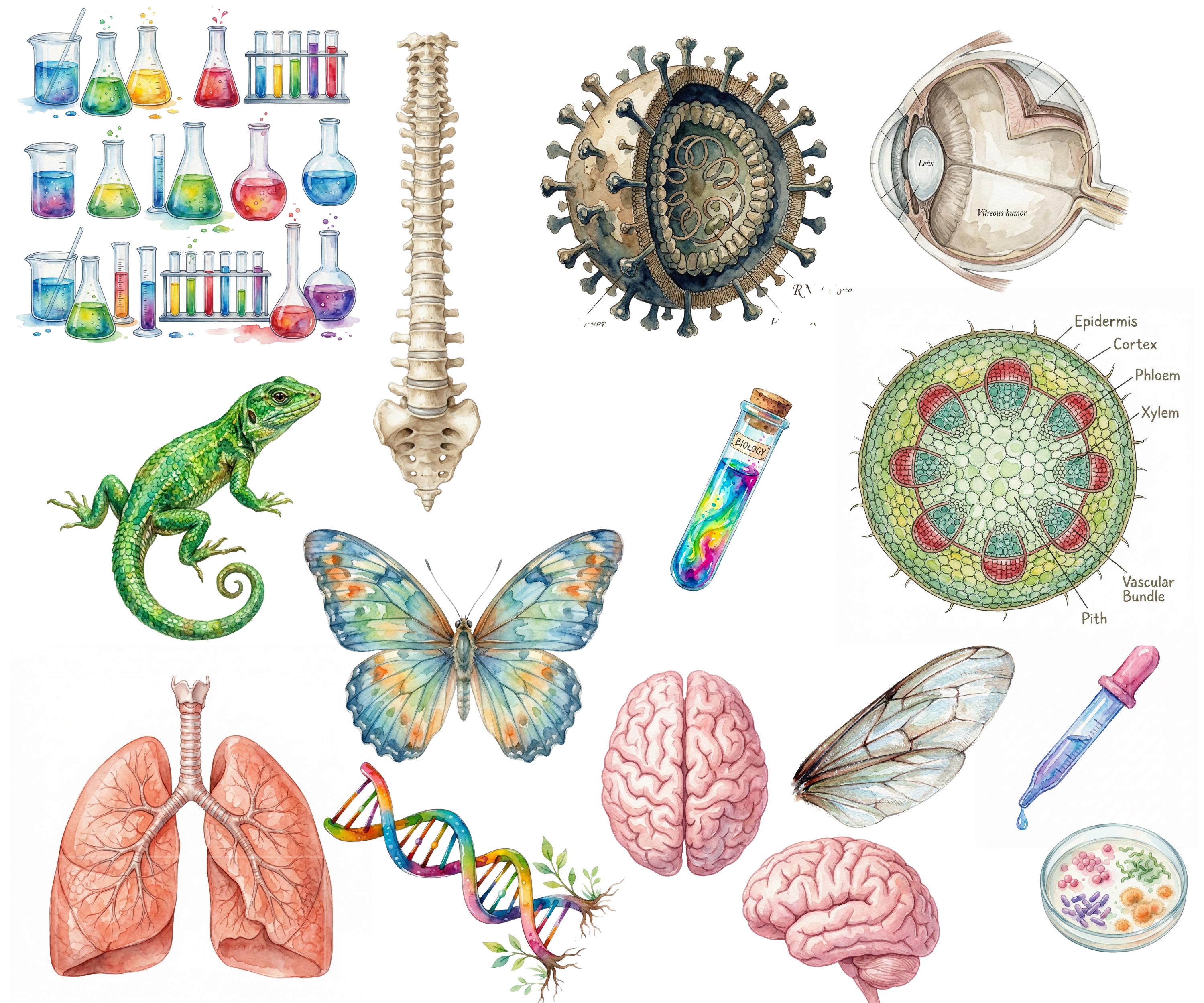 Watercolor Biology Classroom Clipart Bundle – 90+ Science and Botanical ...