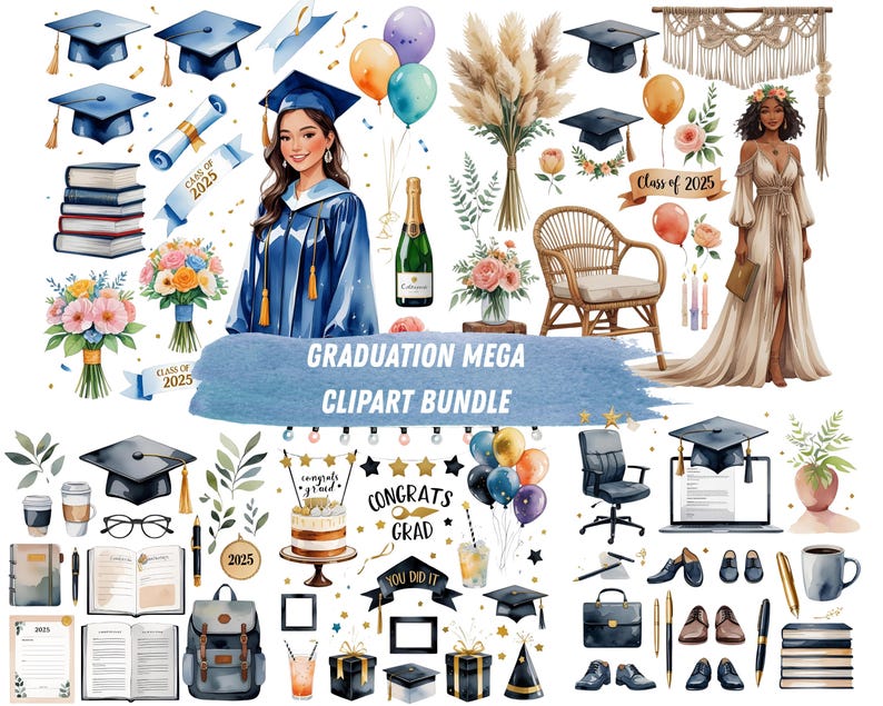 Graduation Mega Clipart Bundle | 50+ Watercolor Pngs | Class of 2025 ...