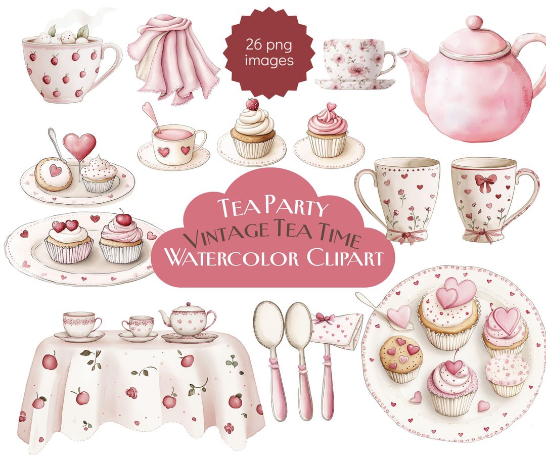 Watercolor Tea Party Clipart | Cozy Vintage Tea Time PNG | Cute Teacups ...