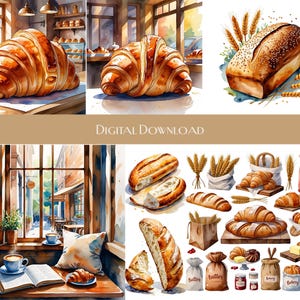 Watercolor Bakery Clipart Set – Bread, Baguettes, Croissants, Wheat ...