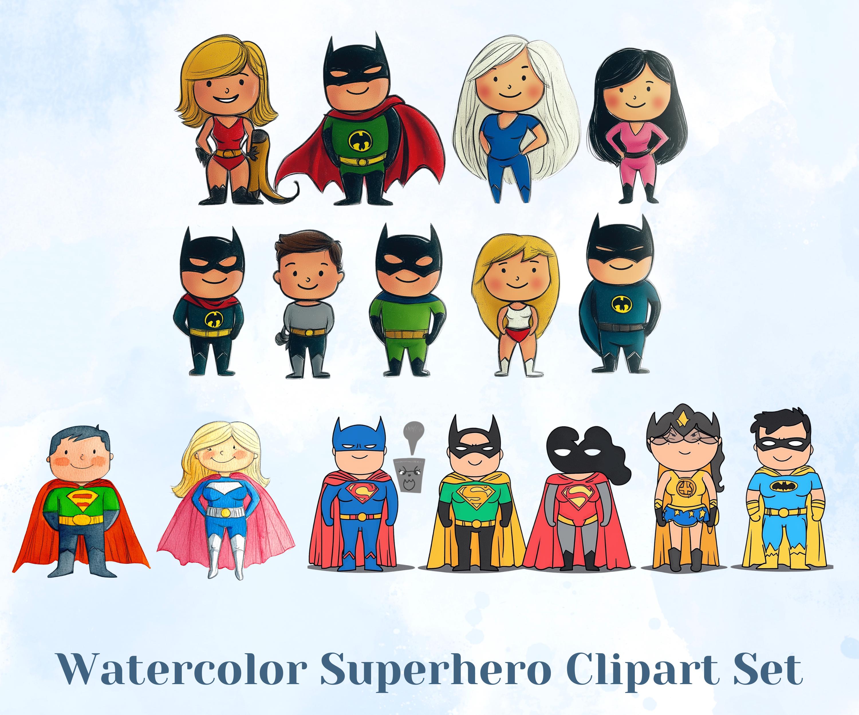 Cute Watercolor Superhero Clipart Set, Kids Party Heroes, Superhero PNG ...