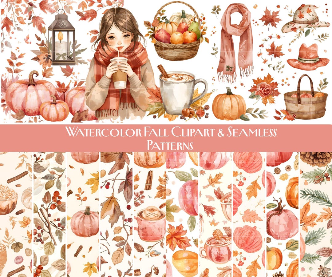 Watercolor Fall Clipart Bundle | Pink Pumpkins, Cozy Girl, Autumn ...