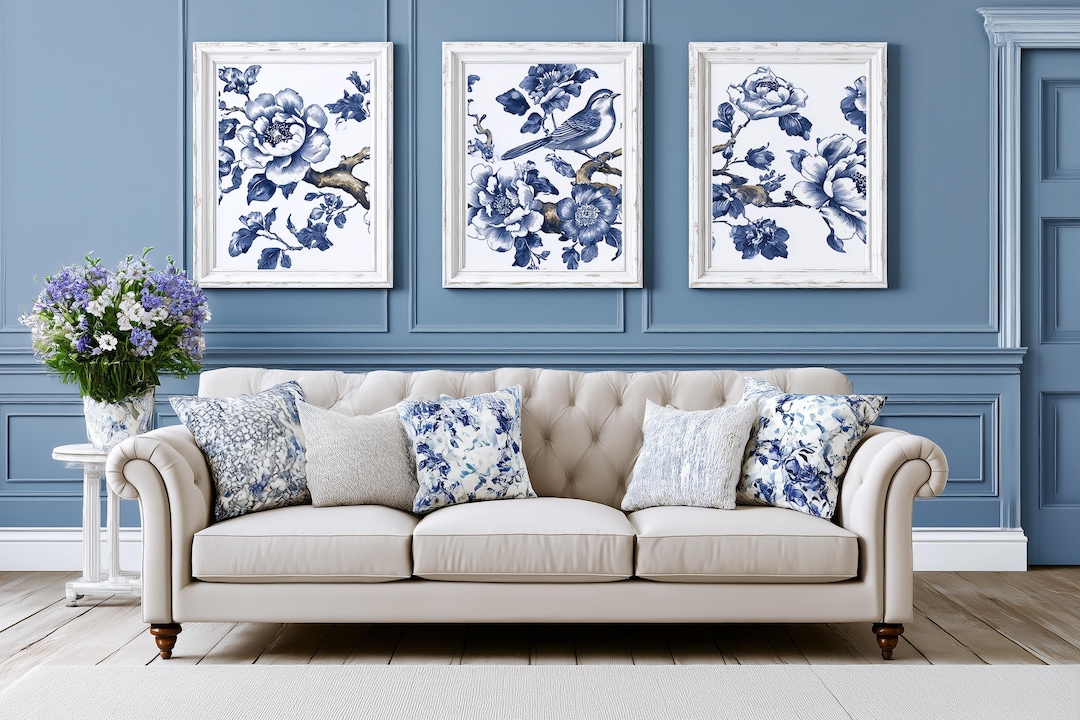Chinoiserie Bird Art Set of 3 | Blue & White Triptych | Watercolor ...