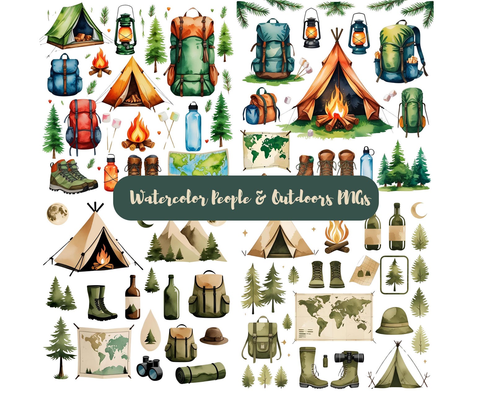 Vintage Camping Clipart Bundle | Watercolor Summer Camp People PNG ...