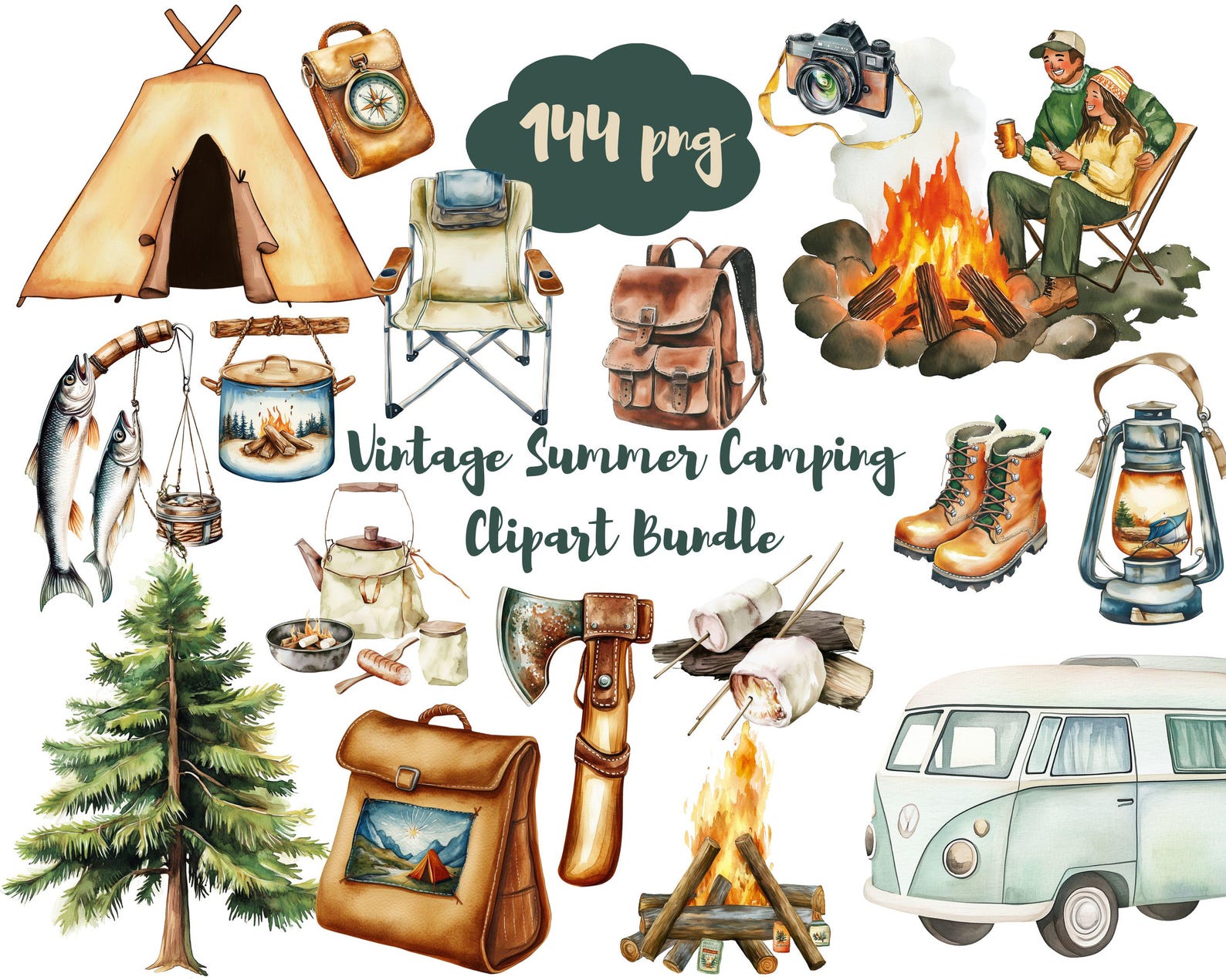 Vintage Camping Clipart Bundle | Watercolor Summer Camp People PNG ...