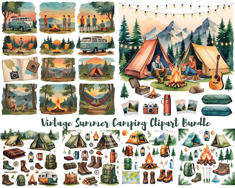 Vintage Camping Clipart Bundle | Watercolor Summer Camp People PNG ...