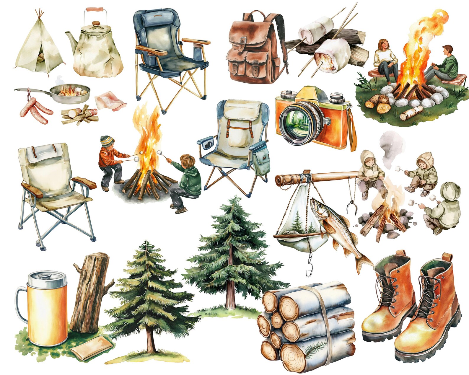 Vintage Camping Clipart Bundle | Watercolor Summer Camp People PNG ...