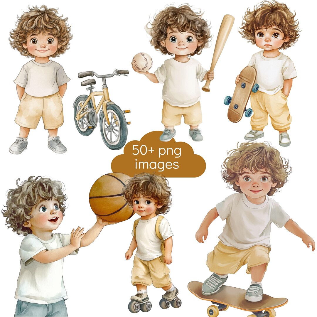 Watercolor Sport Boy Clipart | Cute Little Boy With Bike Scooter Skate ...