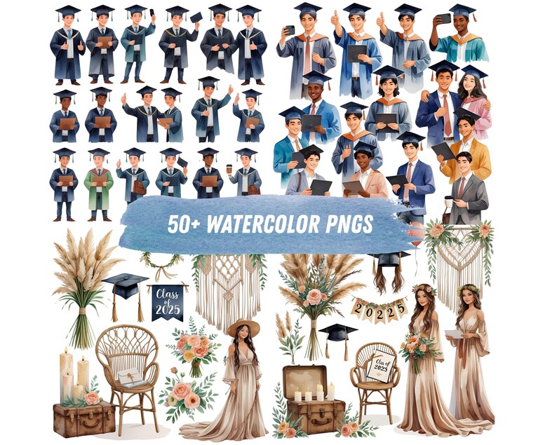 Graduation Mega Clipart Bundle | 50+ Watercolor Pngs | Class of 2025 ...