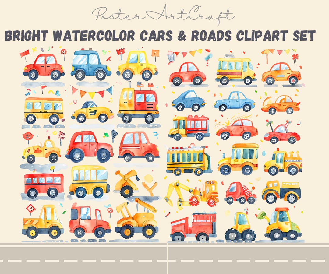 Cars and Roads Watercolor Clipart – Cute Kids Vehicles, Roads, Signs ...