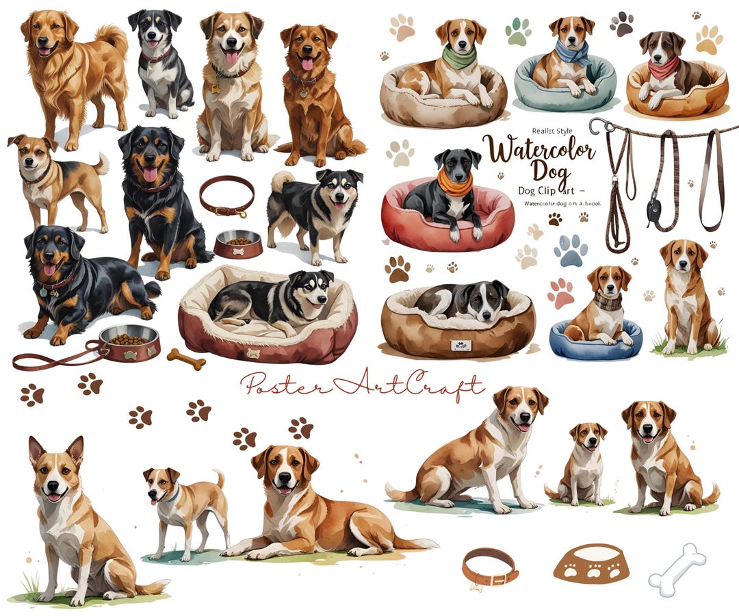 Adorable Dog Accessories Clipart Set – Puppy Love Watercolor Bundle ...