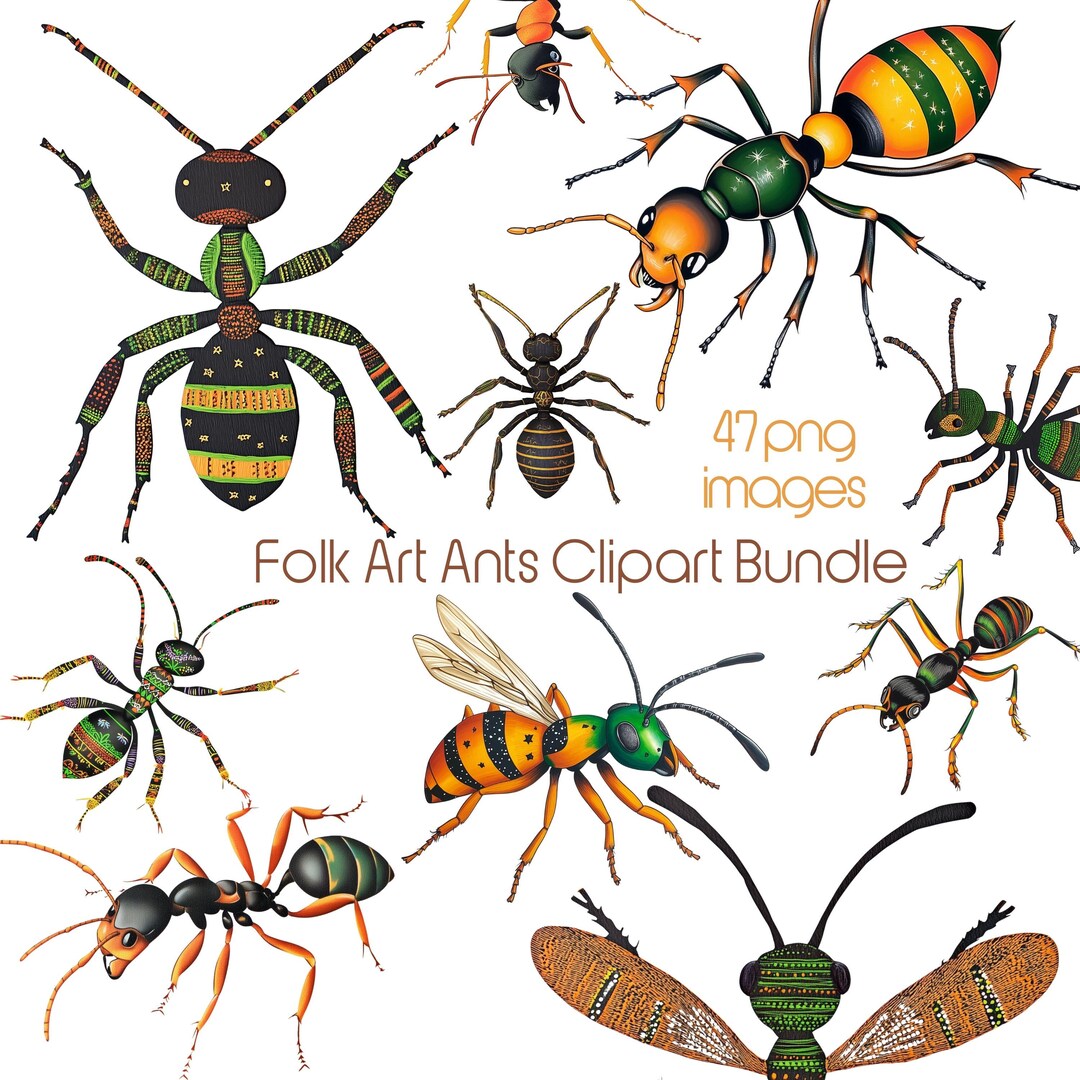 Folk Art Ants Clipart Bundle | 60 Ant PNG | Colorful Insect ...