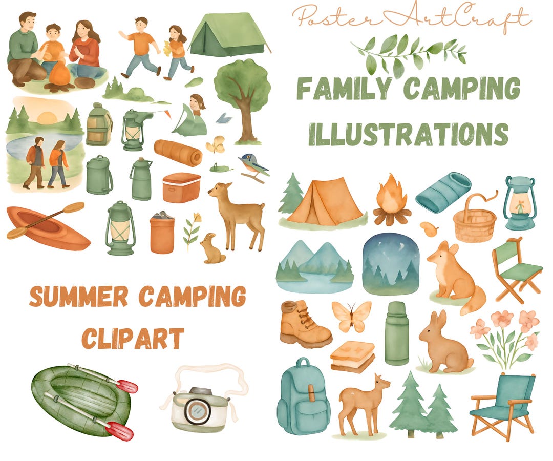 Watercolor Summer Camping Clipart | Family Camping Illustrations ...