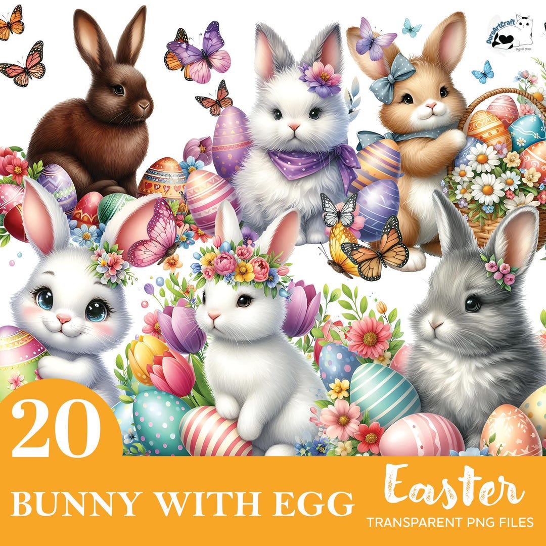 20+ Spring Bunny Eggs Bundle Clipart PNG, Watercolor Easter Bunny With ...