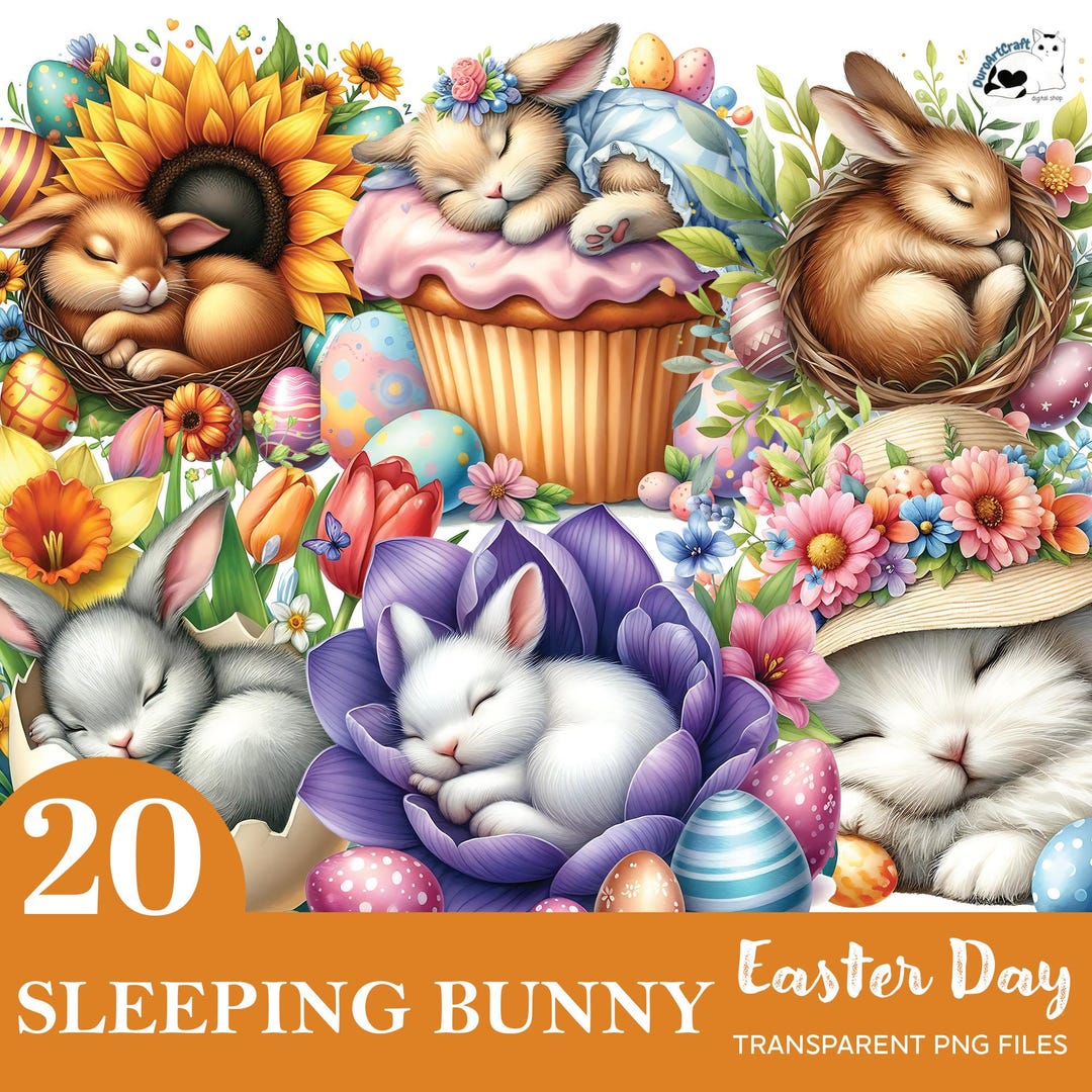 20+ Cute Easter Bunny Bundle Clipart PNG, Watercolor Cute Sleeping ...