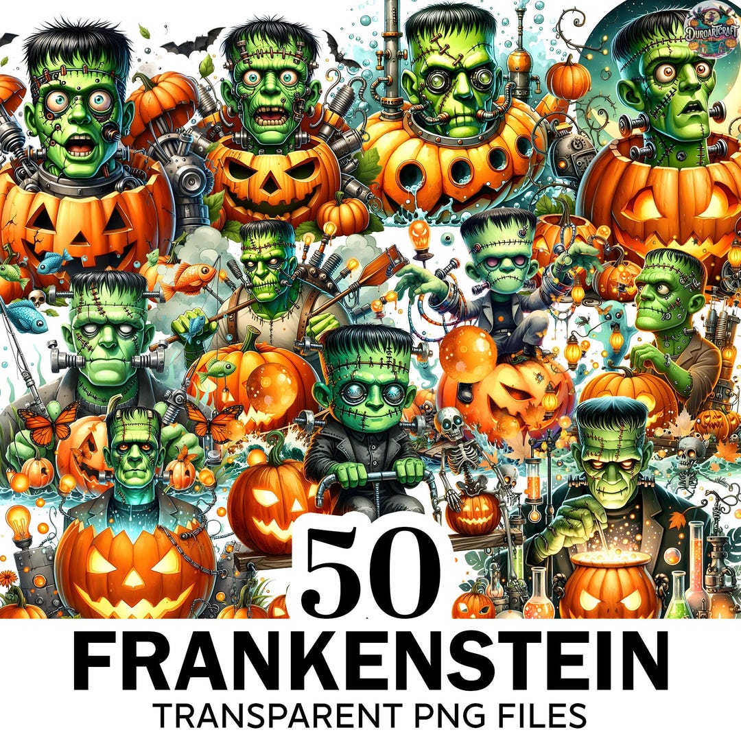 Halloween Frankenstein Clipart Bundle, 50 PNG Vampire, Monsters Clipart ...