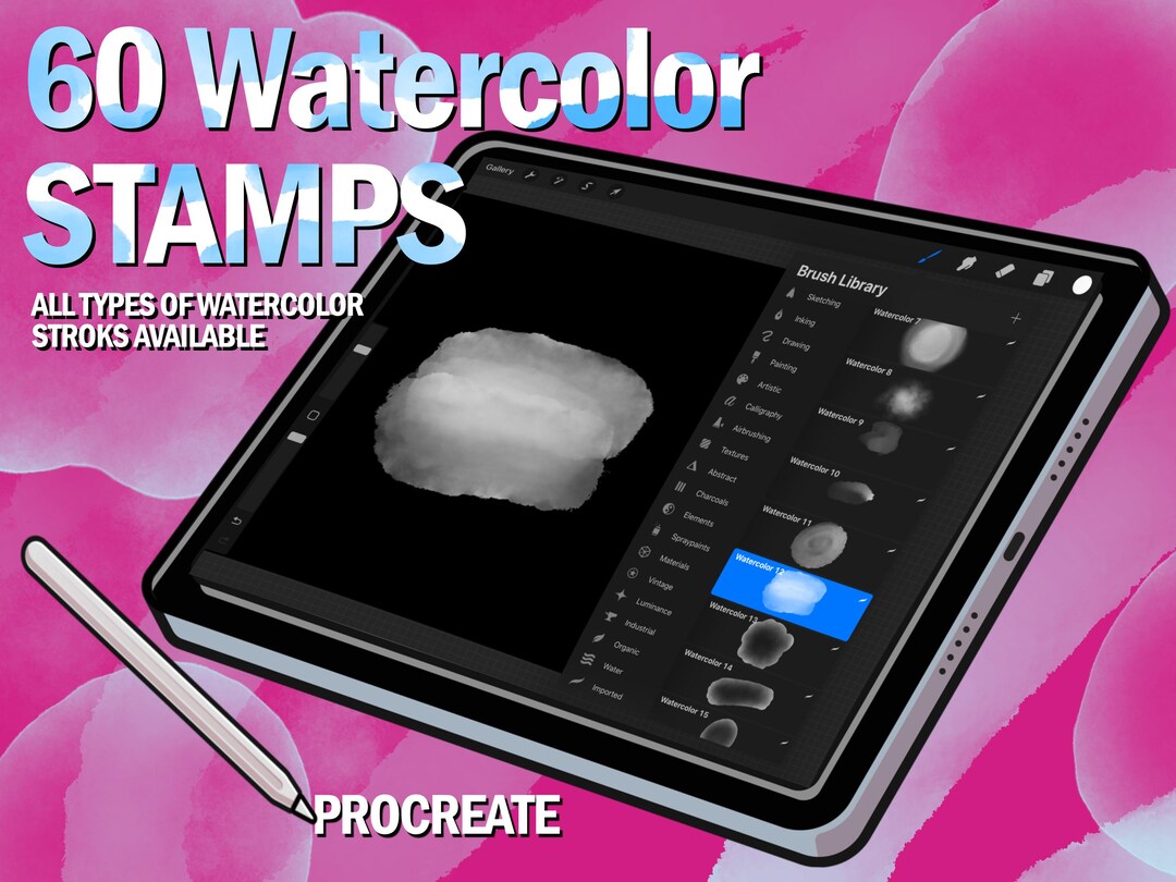 Watercolor Stamps, Procreate Stamps, Watercolor Texture, 60 Watercolour ...