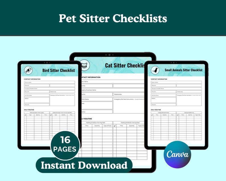 Pet Sitter Checklist Template, Cat Care Checklist, Pet Sitter Guide ...