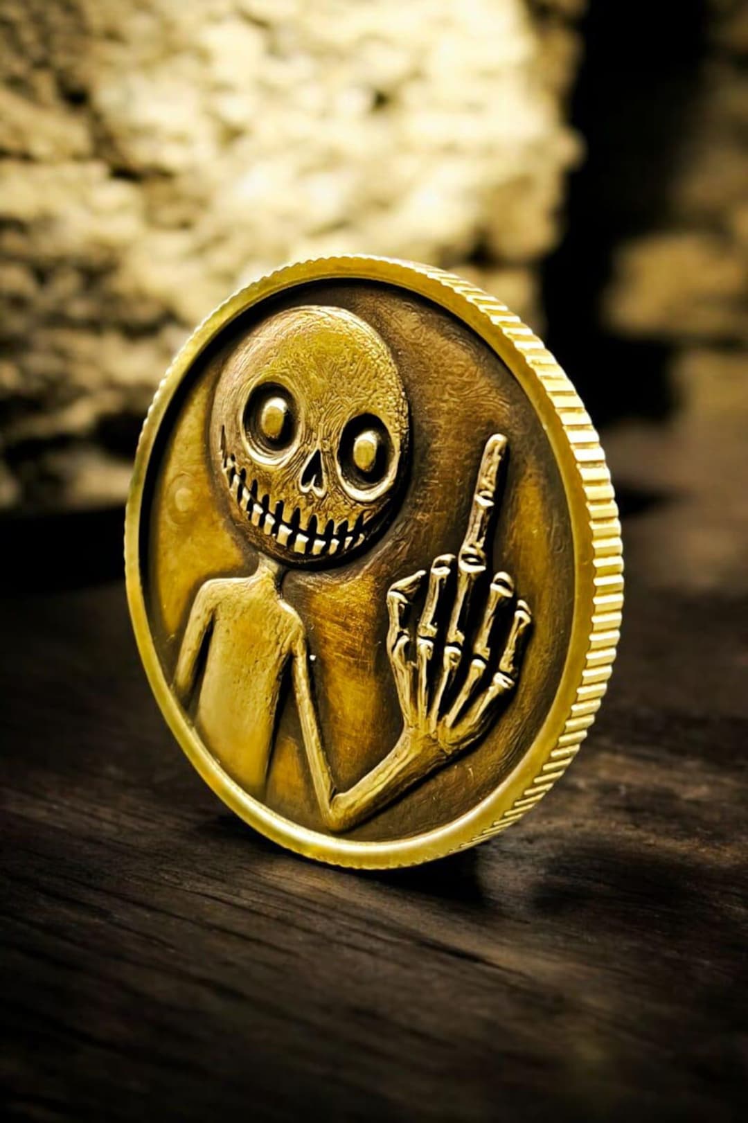 Skeleton Middle Finger Brass Coin – Dark Humor EDC Token | Reversible ...