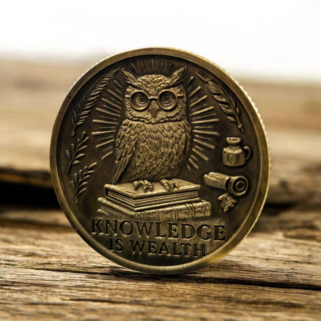 Dual-sided Brass Wisdom Coin: Owl & Candle - Collectible Scholar Token ...