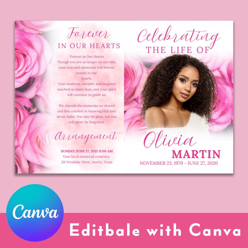 Pink Roses Funeral Program Template: 8-page Obituary (PDF Download 17 ...