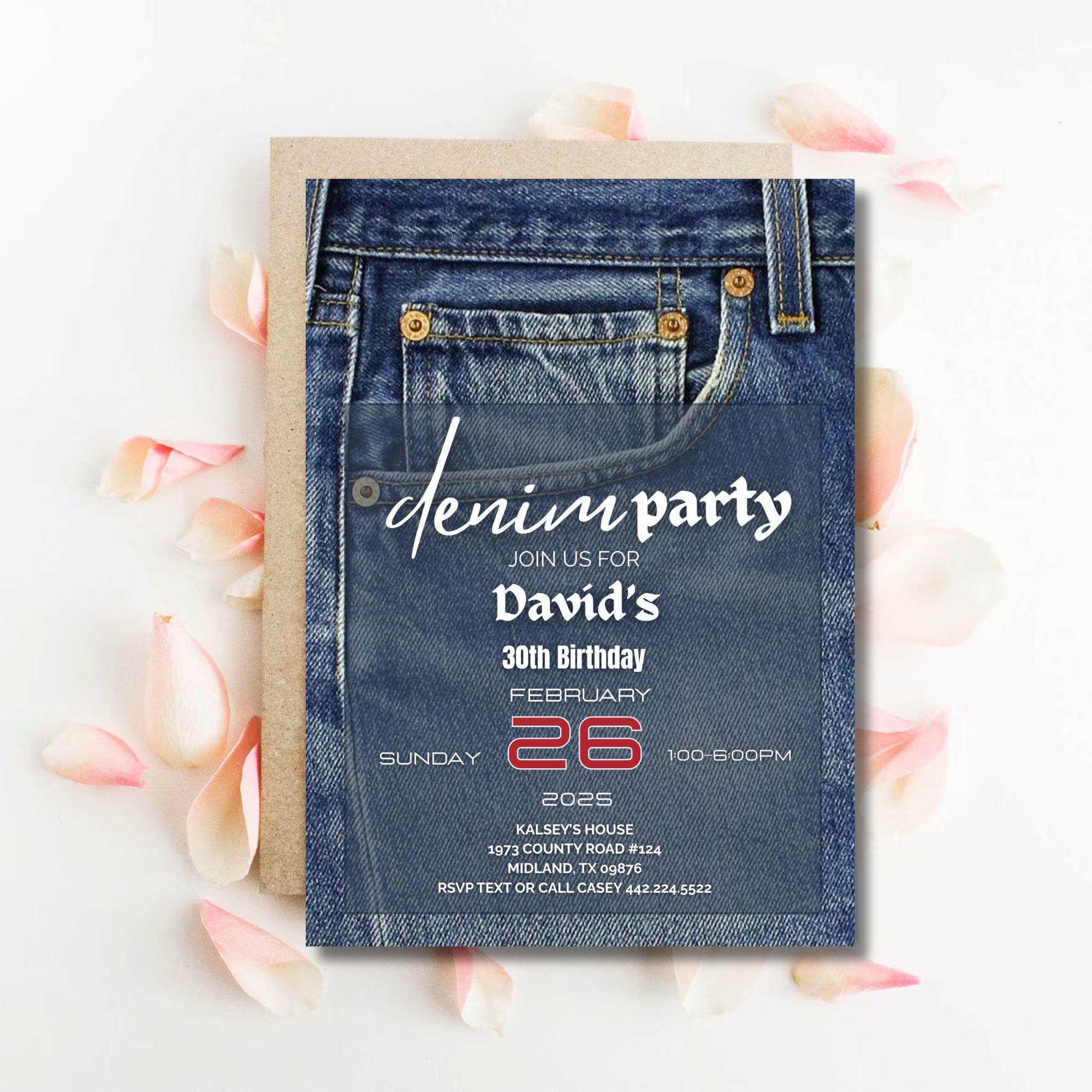 Denim Birthday Party Invitation: Blue Jeans, Boho Western Theme ...