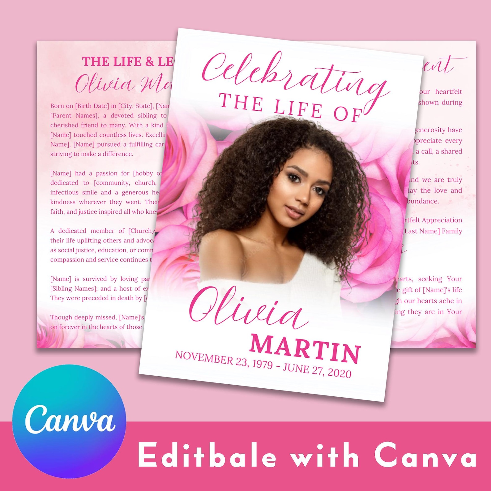 Pink Roses Funeral Program Template: 8-page Obituary (PDF Download 17 ...