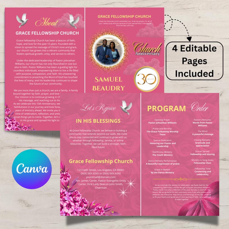 Pink Church Anniversary Program Template, Editable Bifold Design ...