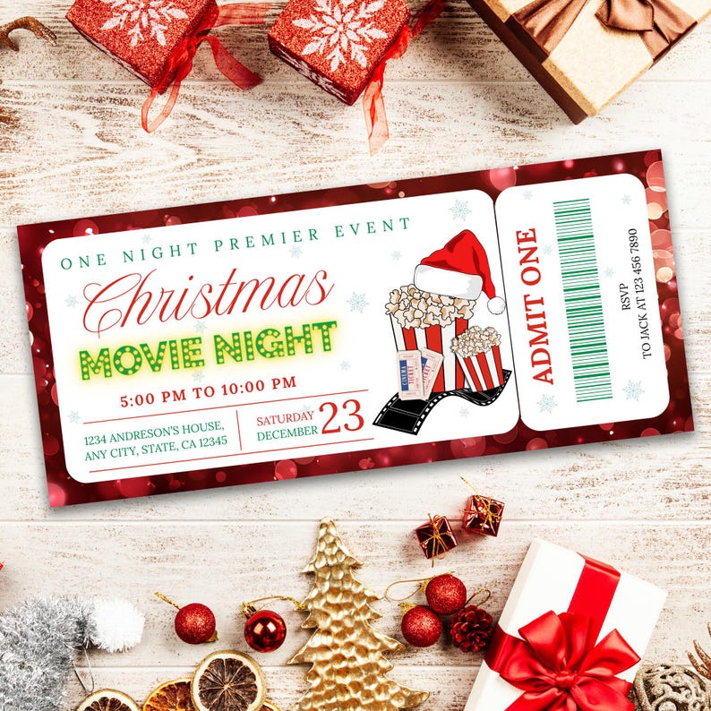 Christmas Movie Night Ticket Invitation Template (instant Download) - Etsy