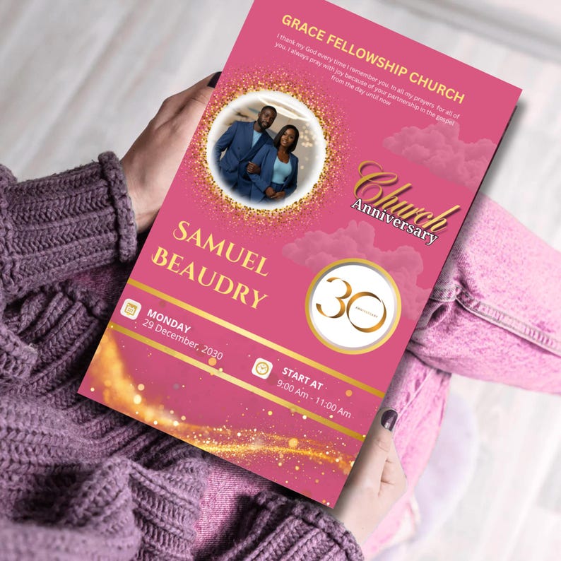 Pink Church Anniversary Program Template, Editable Bifold Design ...