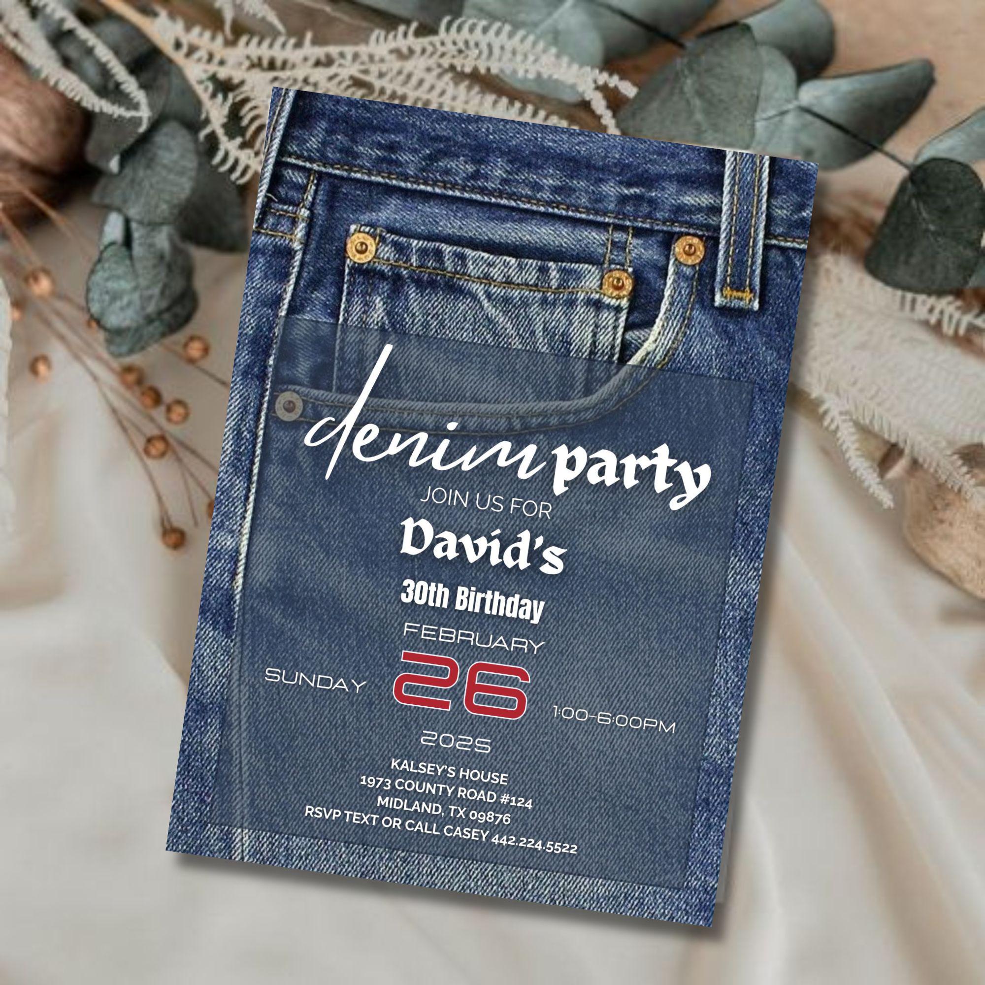 Denim Birthday Party Invitation: Blue Jeans, Boho Western Theme ...