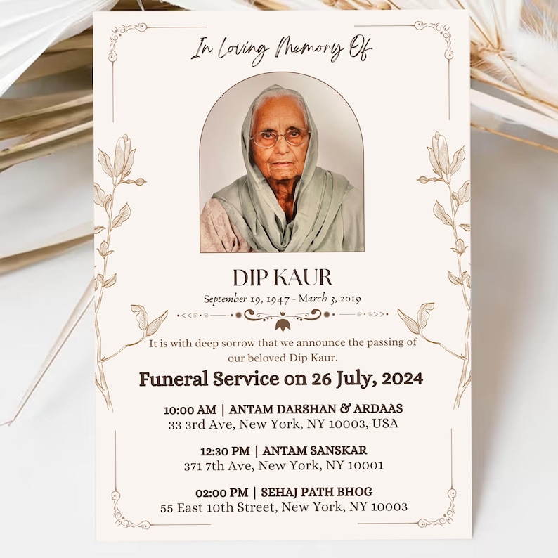 Minimalist Sikh Funeral Invitation Template: Editable Canva Design ...