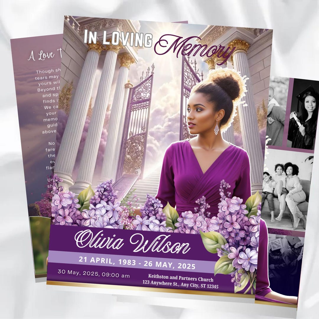 Purple Funeral Program Template | 8-page Memorial (canva Editable ...