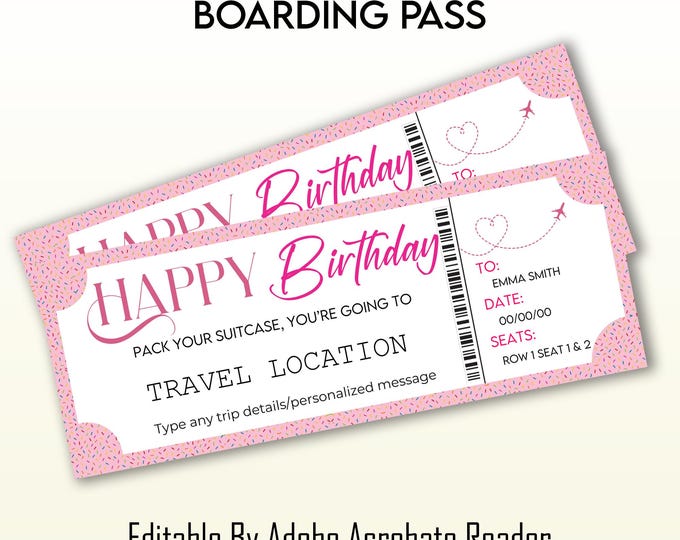 Pink Birthday Boarding Pass Template: Surprise Trip Ticket (editable in ...