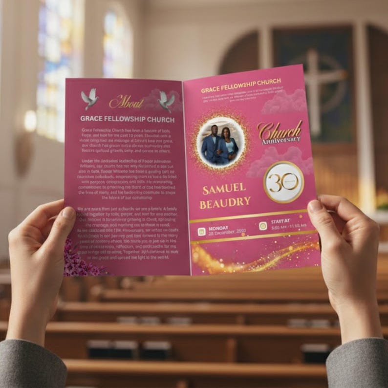Pink Church Anniversary Program Template, Editable Bifold Design ...