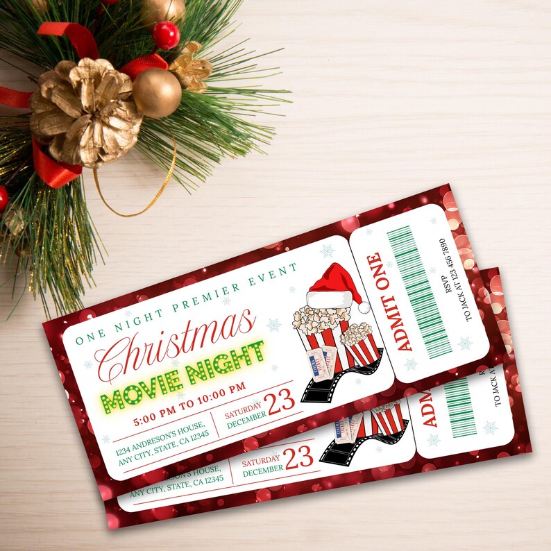 Christmas Movie Night Ticket Invitation Template (instant Download) - Etsy