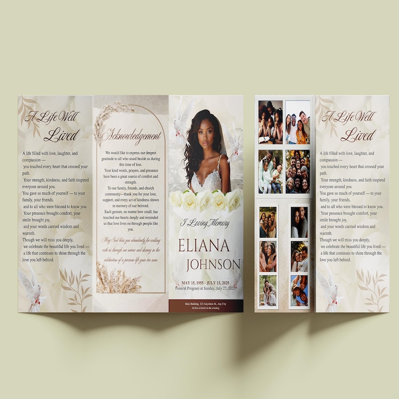 White Rose Funeral Program Template: Beige Gold Trifold (canva, Digital ...