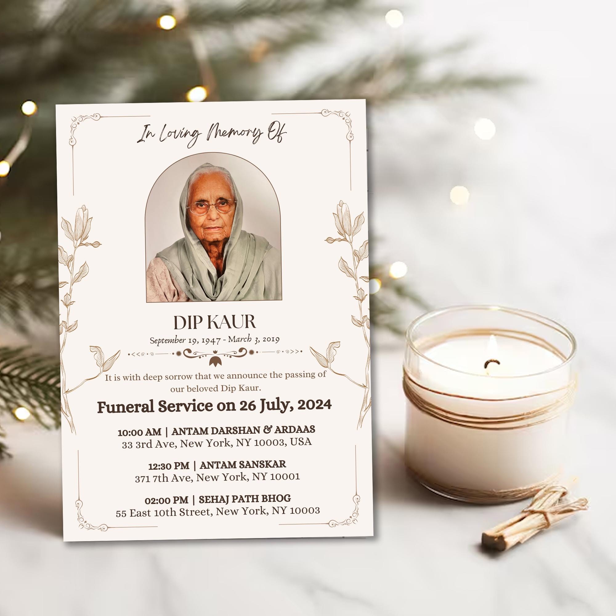 Minimalist Sikh Funeral Invitation Template: Editable Canva Design ...