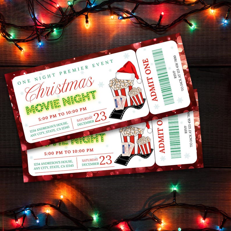 Christmas Movie Night Ticket Invitation Template (instant Download) - Etsy